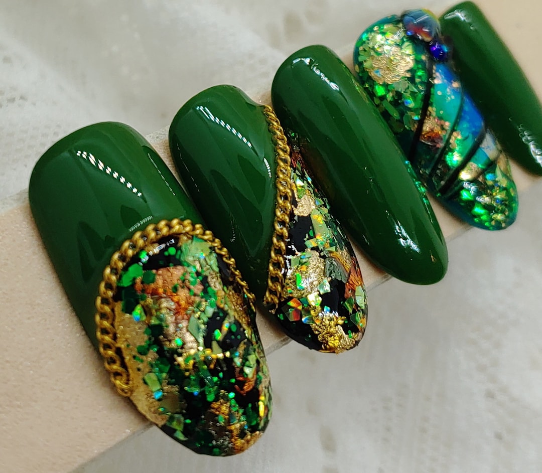 Emerald Empress - Handmade Glue on Nails | Korean Nails | Japanese ...