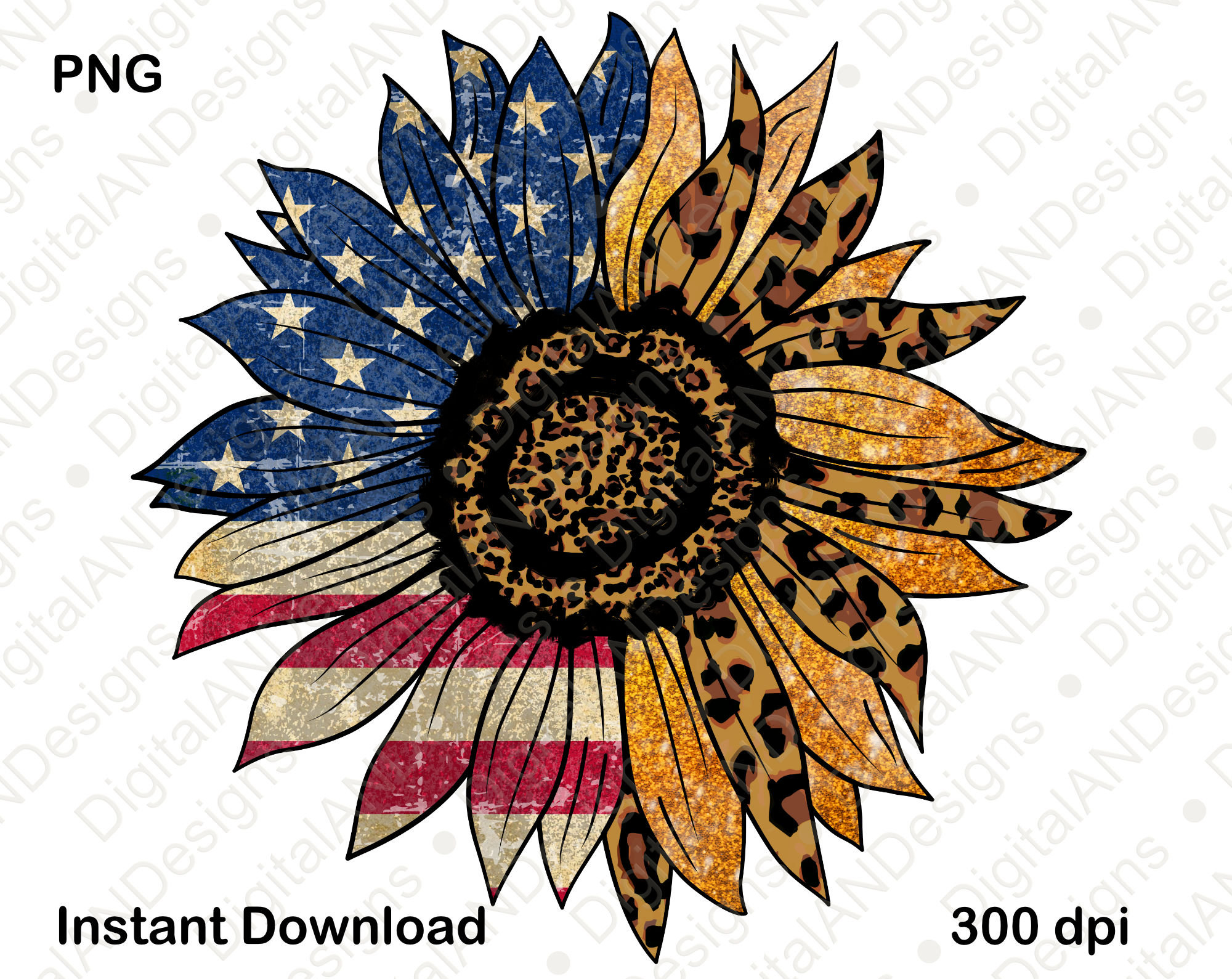 Cheetah American Flag Sunflower With Glitter PNG, Patriotic USA Flag ...