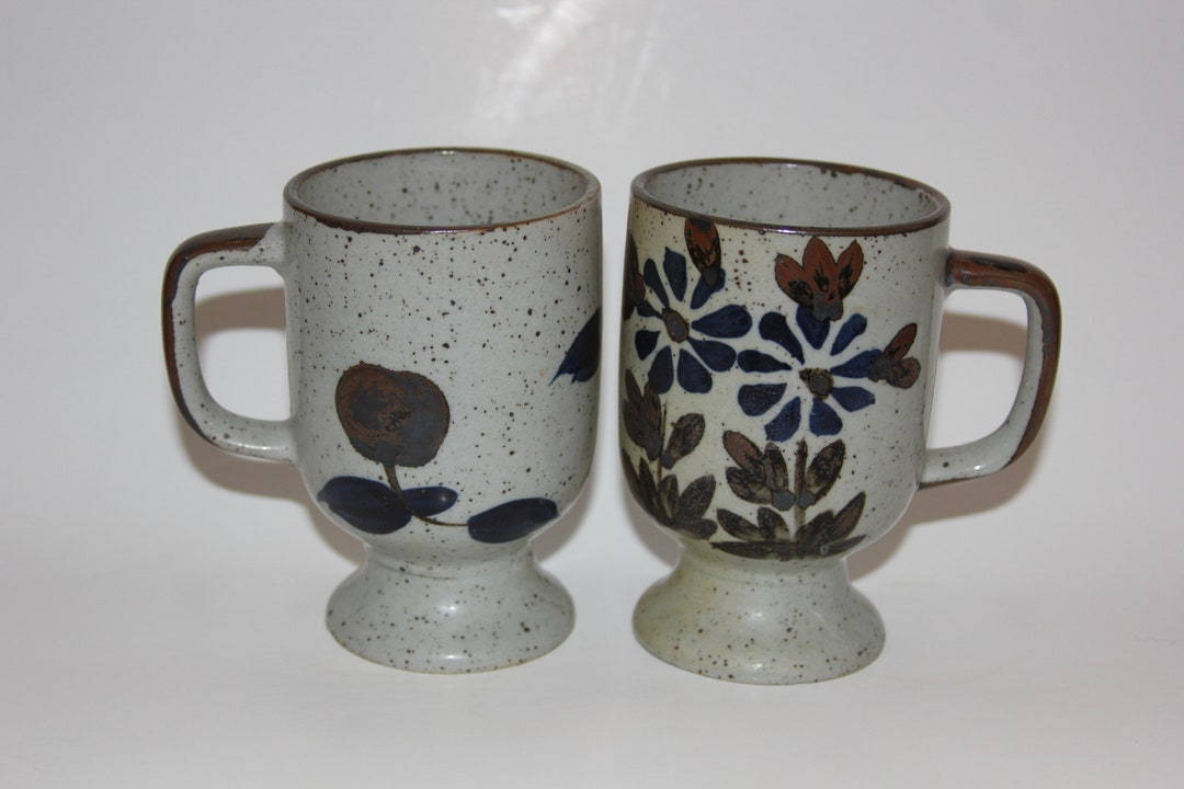 Vintage Floral Stoneware Footed Mugs - Brown Speckled Footed Coffee Mug ...