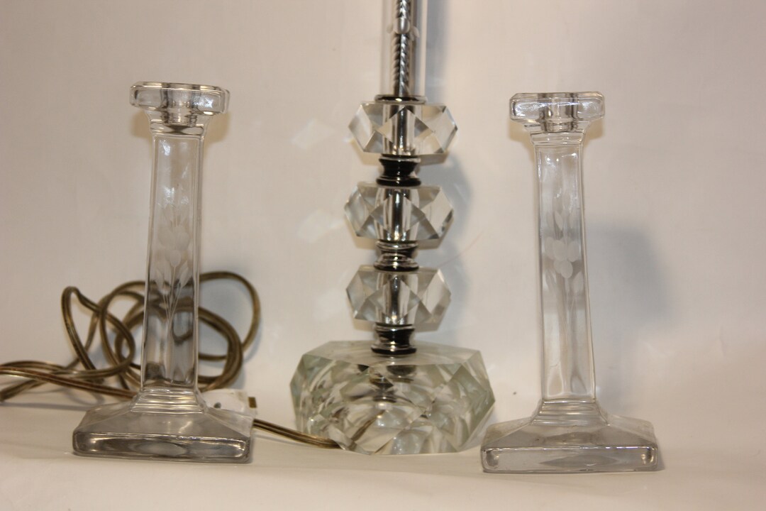 Leviton Etched Clear Glass Lamp & Candlesticks, Mid Century, Solid Art ...
