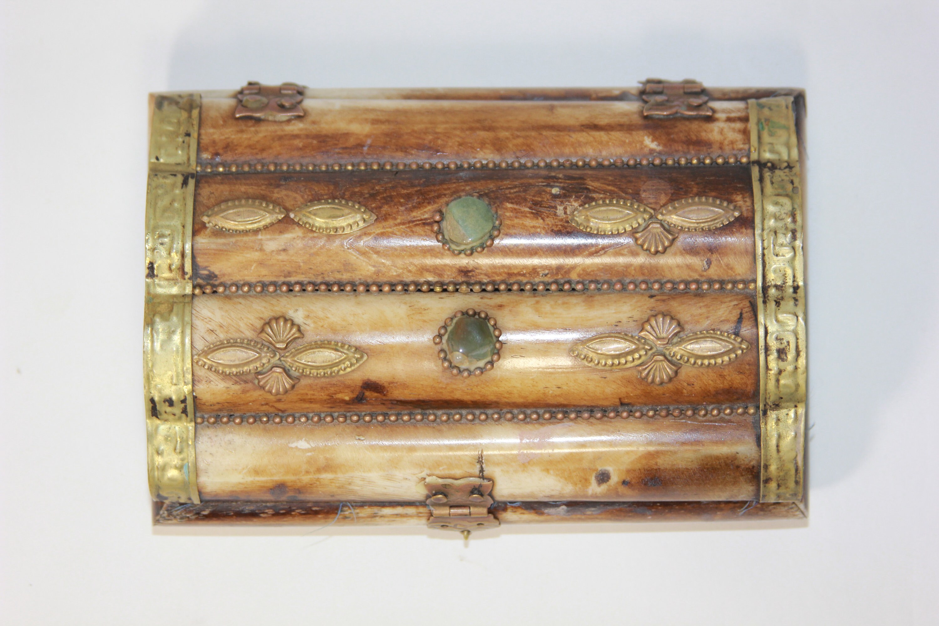 Vintage Bone Jewelry Trinket Box With Natural Stones & Velvet Lined ...