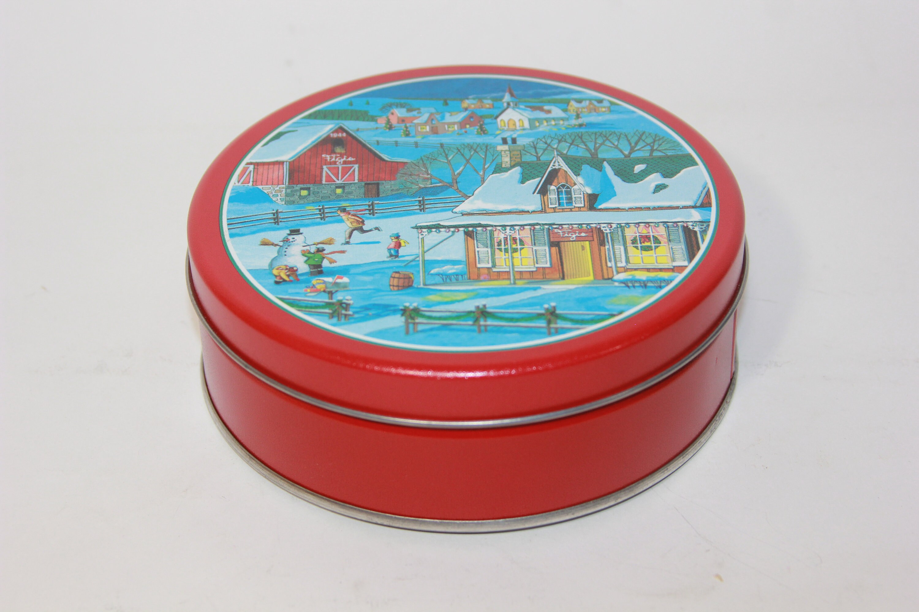 Vtg Tin Can Round Empty Container Storage Christmas Holiday Village Red ...