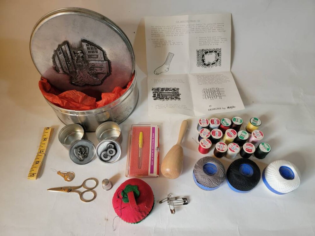 Rare Vtg Metzke Sewing Tin Pewter Button Sewing Kit Metal Sewing Box W ...