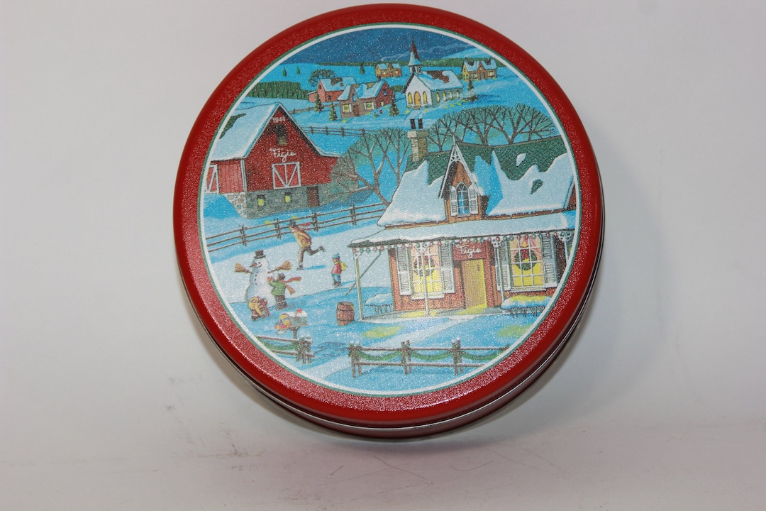 Vtg Tin Can Round Empty Container Storage Christmas Holiday Village Red ...