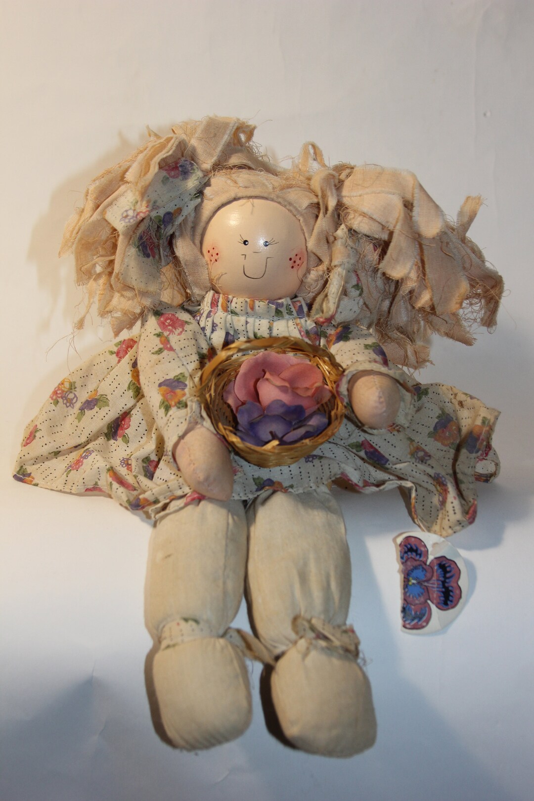 Vintage Rag Doll - Gift - Rag Doll With Floral Basket Shelf Sitter ...