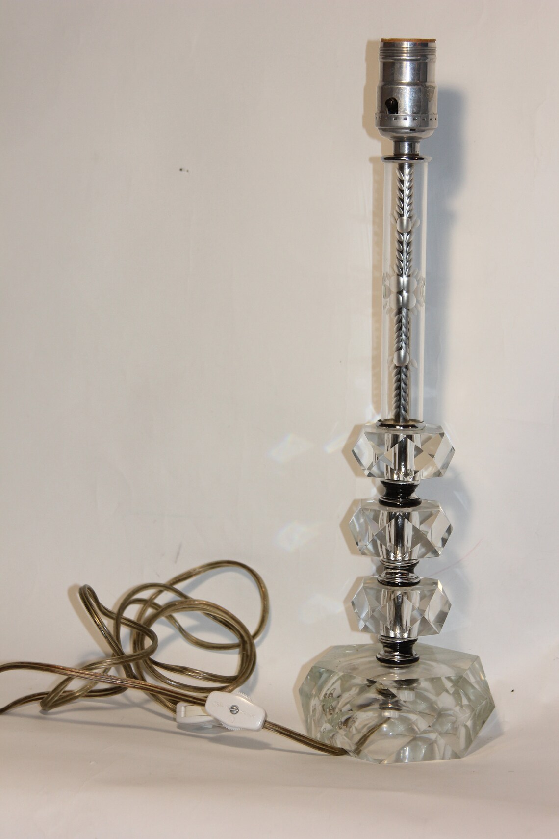 Leviton Etched Clear Glass Lamp & Candlesticks, Mid Century, Solid Art ...