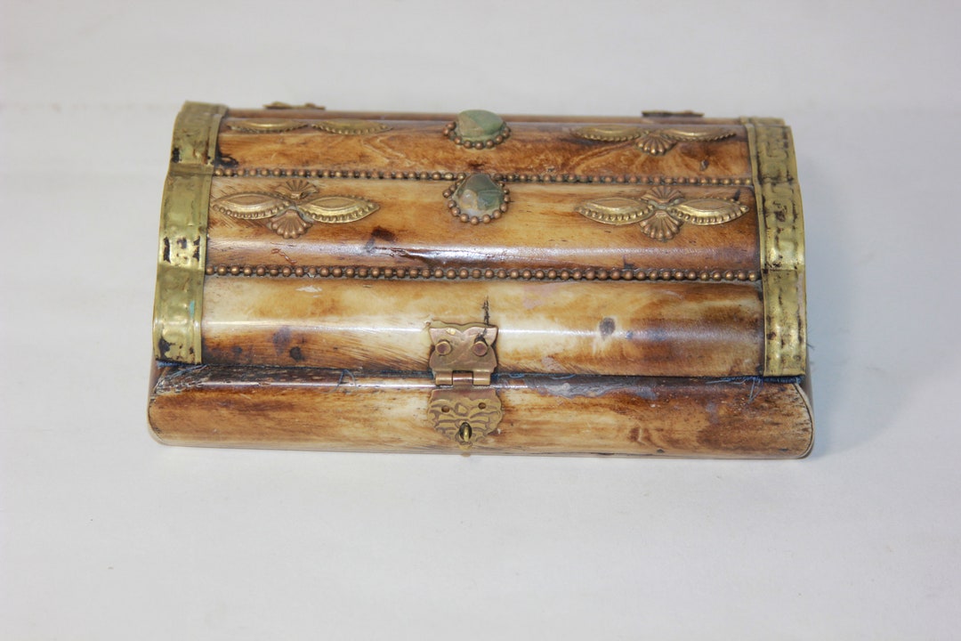 Vintage Bone Jewelry Trinket Box With Natural Stones & Velvet Lined ...