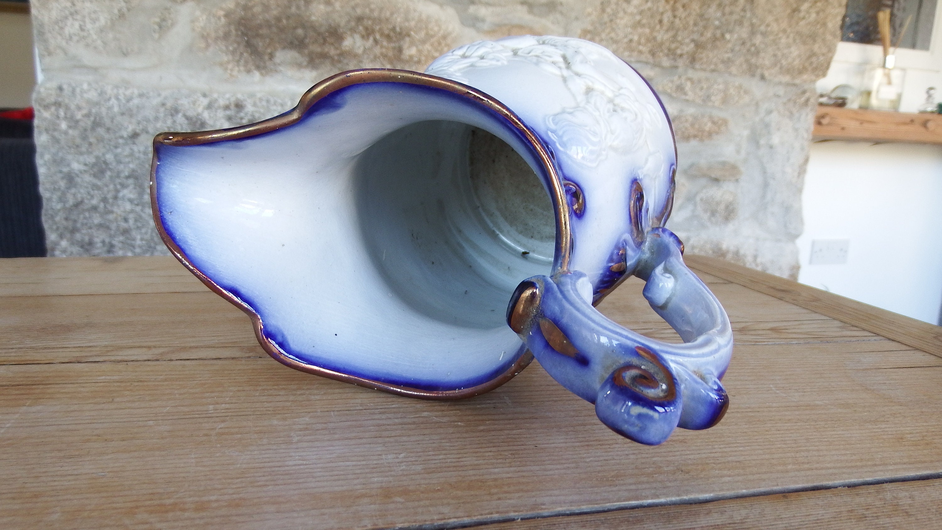 Antique Victorian Flow Blue Rococo Jug Pitcher Relief Moulded With Gilt ...