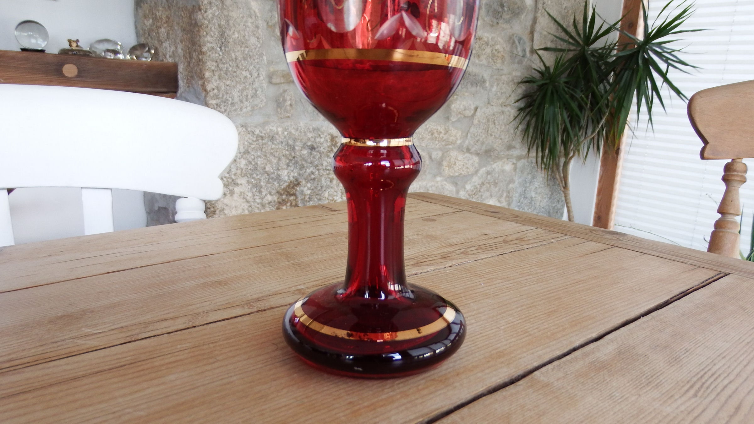 Bohemian Ruby Flash Cut Glass Goblet , Vase, Engraved & Gilded Hand ...