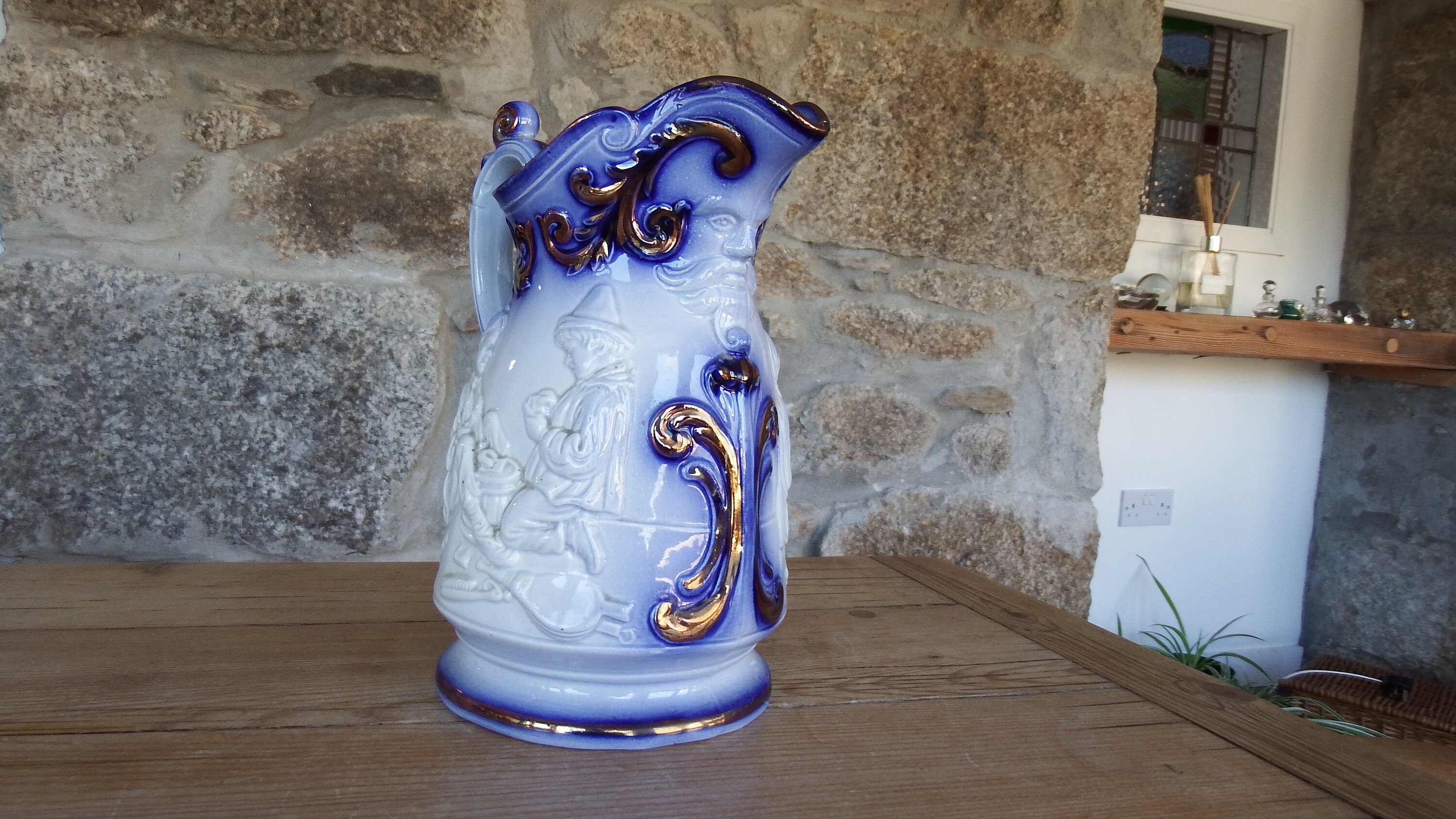 Antique Victorian Flow Blue Rococo Jug Pitcher Relief Moulded With Gilt ...