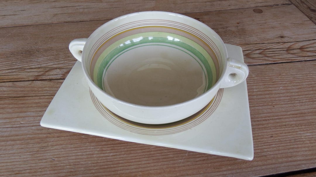 Clarice Cliff Biarritz Banded Design Art Deco Soup Bowl and Stand ...