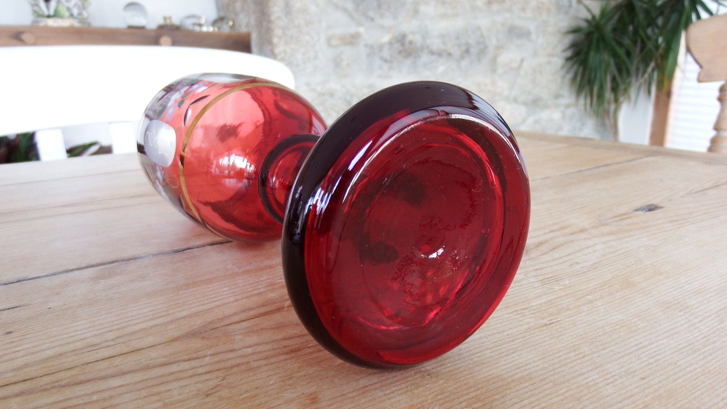 Bohemian Ruby Flash Cut Glass Goblet , Vase, Engraved & Gilded Hand ...