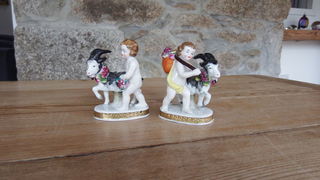 Pair Gold Anchor Samson / Chelsea Porcelain Figurines Cherub With Goat ...