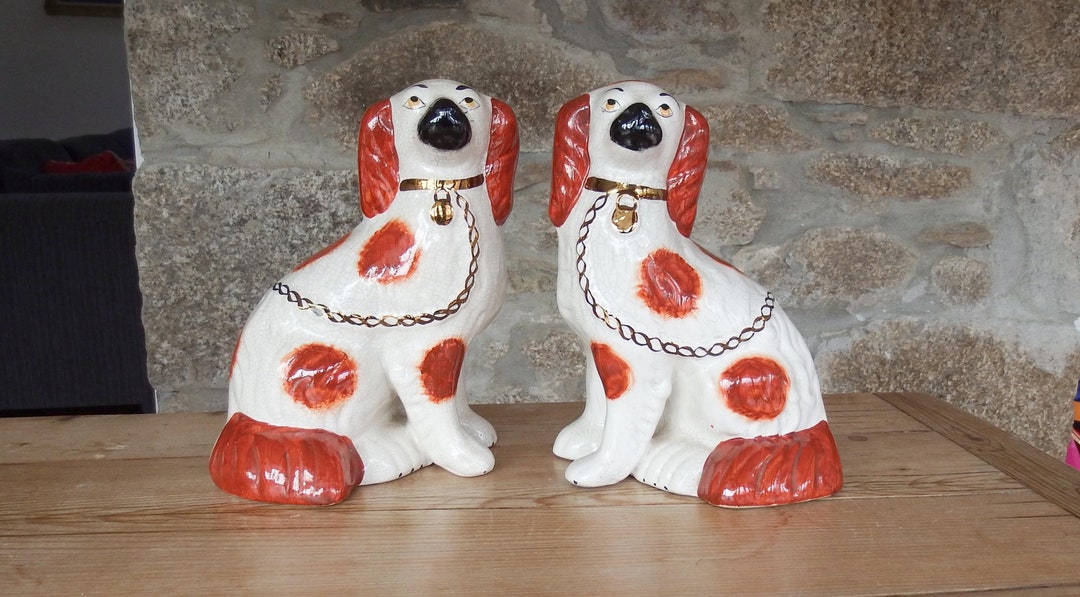 Pair of Antique Victorian Staffordshire Russet Spaniel Wally Mantle ...