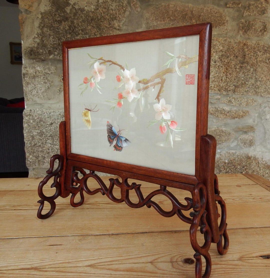 Vintage Chinese Embroidered Table Screen on Carved Wood Stand Screen ...