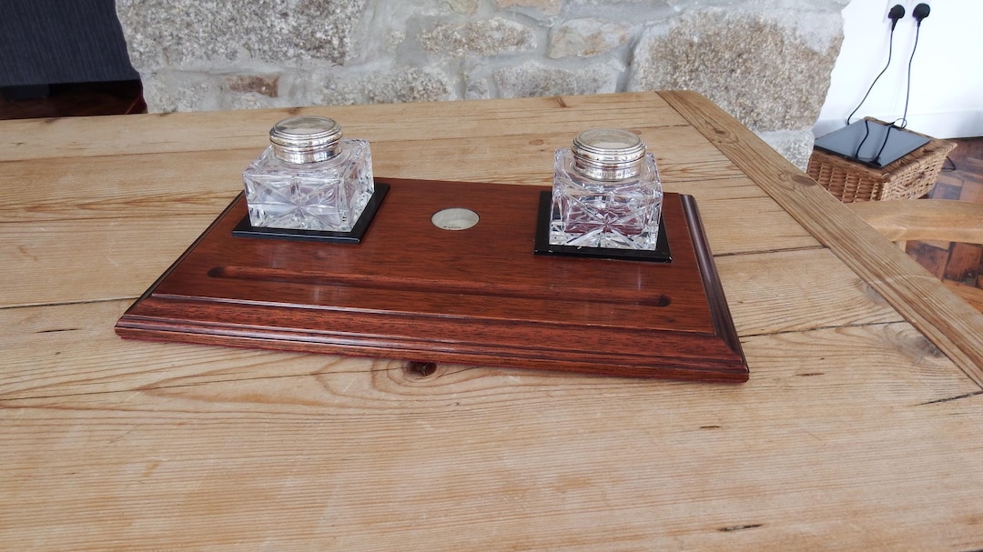Mahogany Desk Stand With Cut Glass Silver Mounted Inkwells, Moody ...