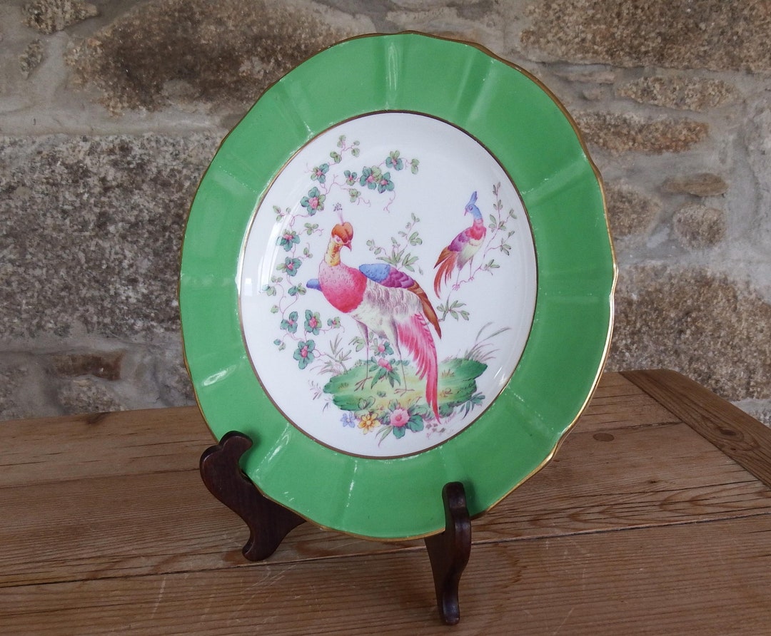 Copeland Spode China Plate Artist Signed Hand Painted Peacocks Green ...