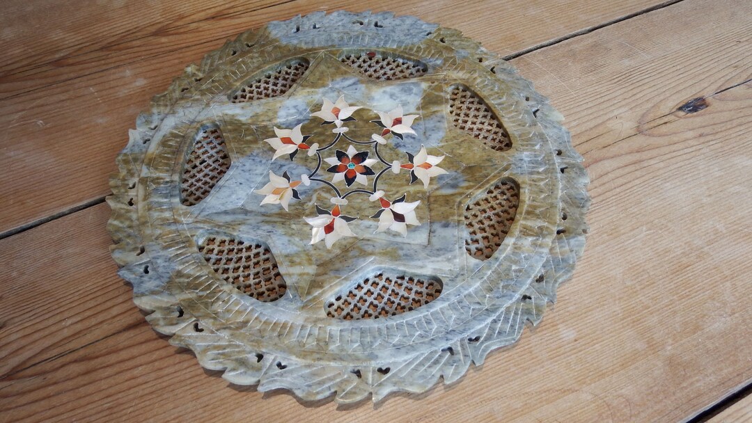 Beautiful 10" Carved Inlaid Asian Marble Stone Stand Pierced ...