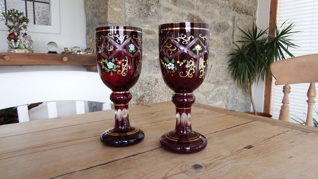 Pair of Bohemian Ruby Flash Cut Glass Goblets, Engraved & Gilded Hand ...