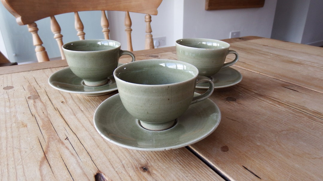 Three Harry & May Davis Crowan Pottery Cups and Saucers, Hand Made ...