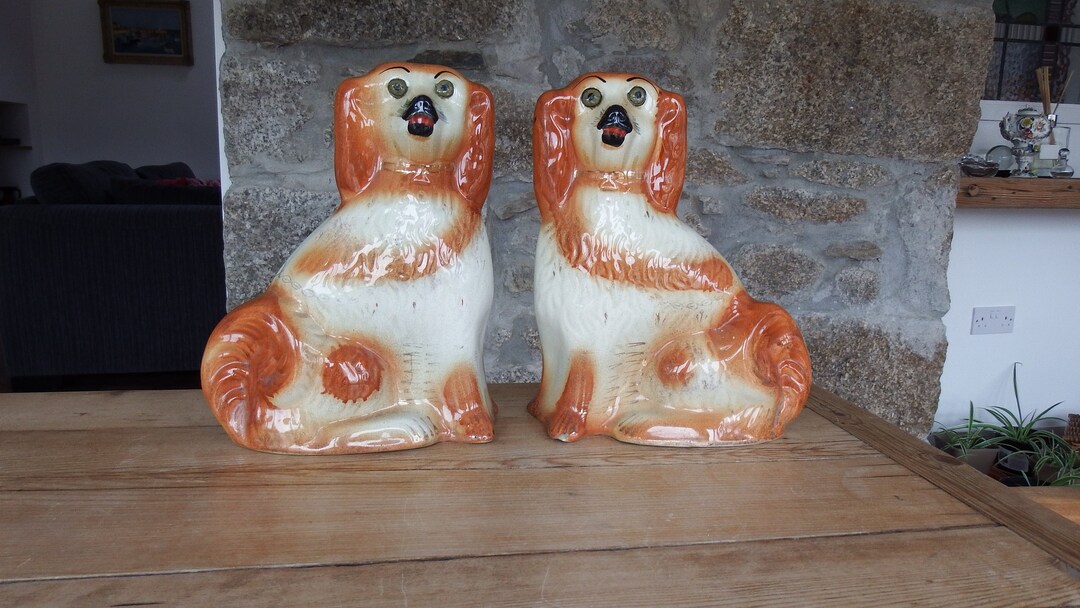Pair of Antique Victorian Staffordshire Russet Spaniel Wally Mantle ...