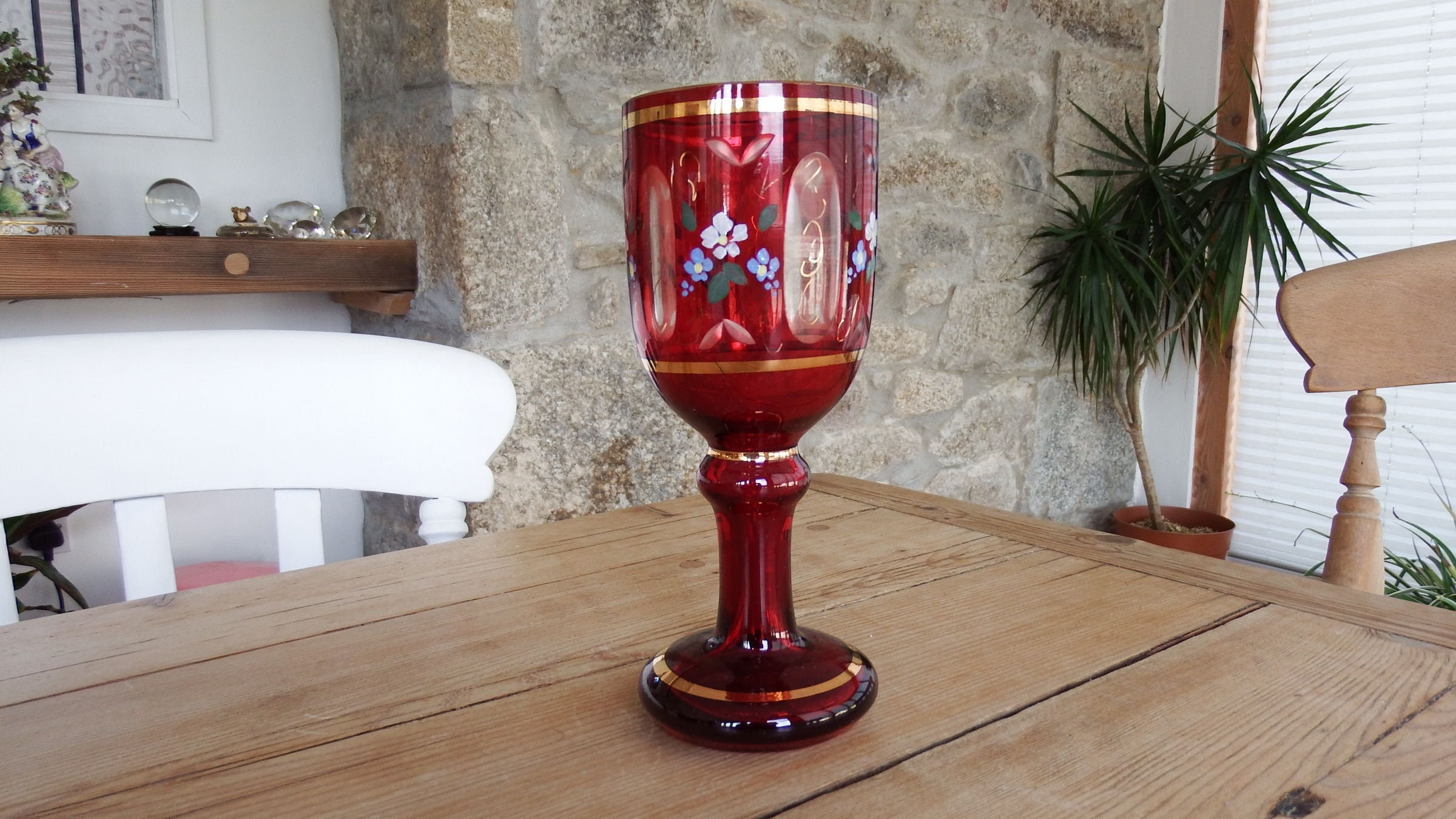 Bohemian Ruby Flash Cut Glass Goblet , Vase, Engraved & Gilded Hand ...