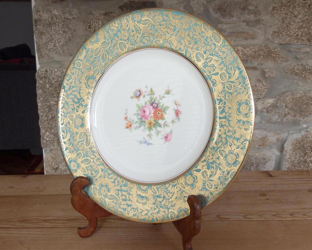 Mintons Turquoise Brocade Cabinet Plate With Hand Painted Flowers and ...