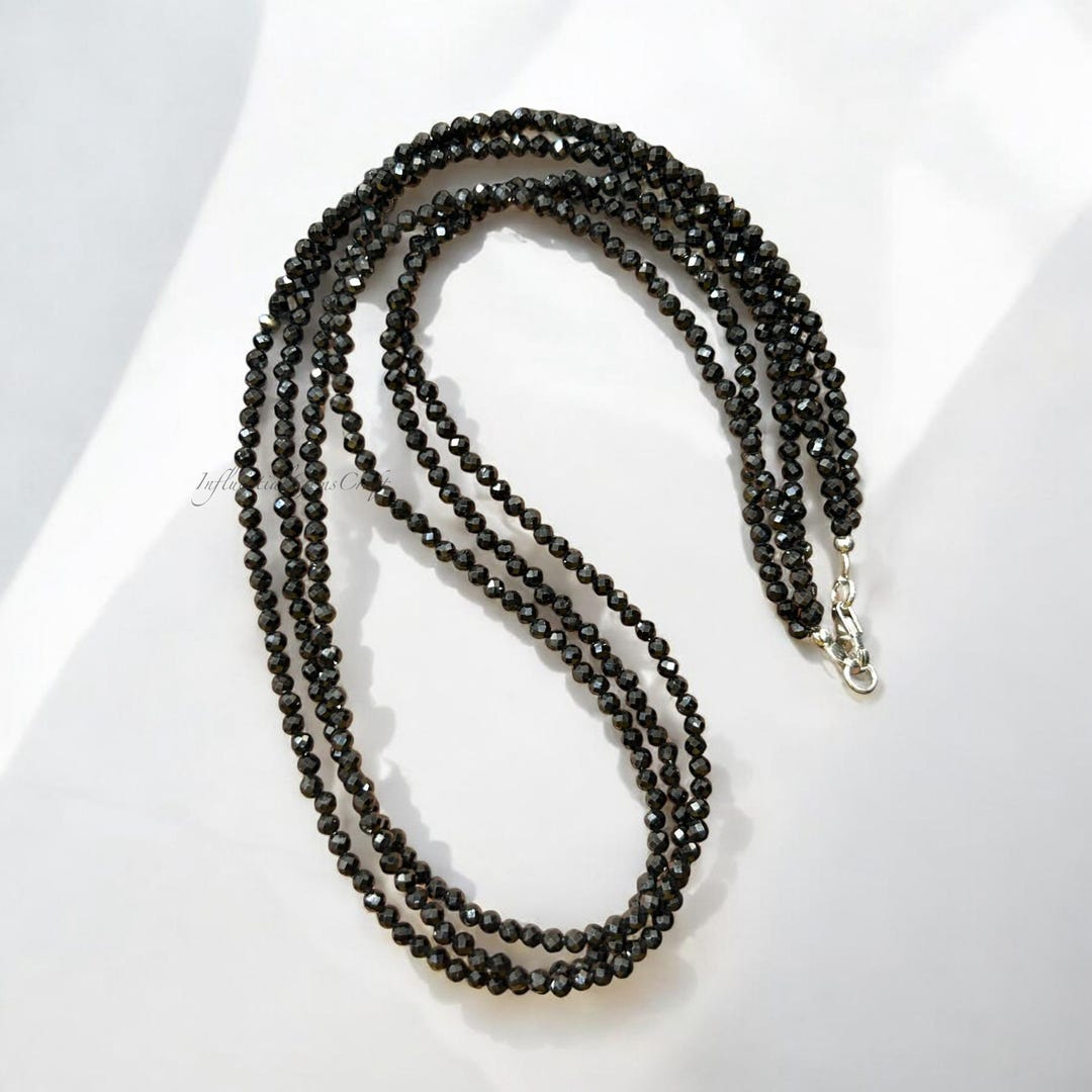 Black Spinel Beaded Necklace | Sterling Silver Clasp | 3mm Faceted ...