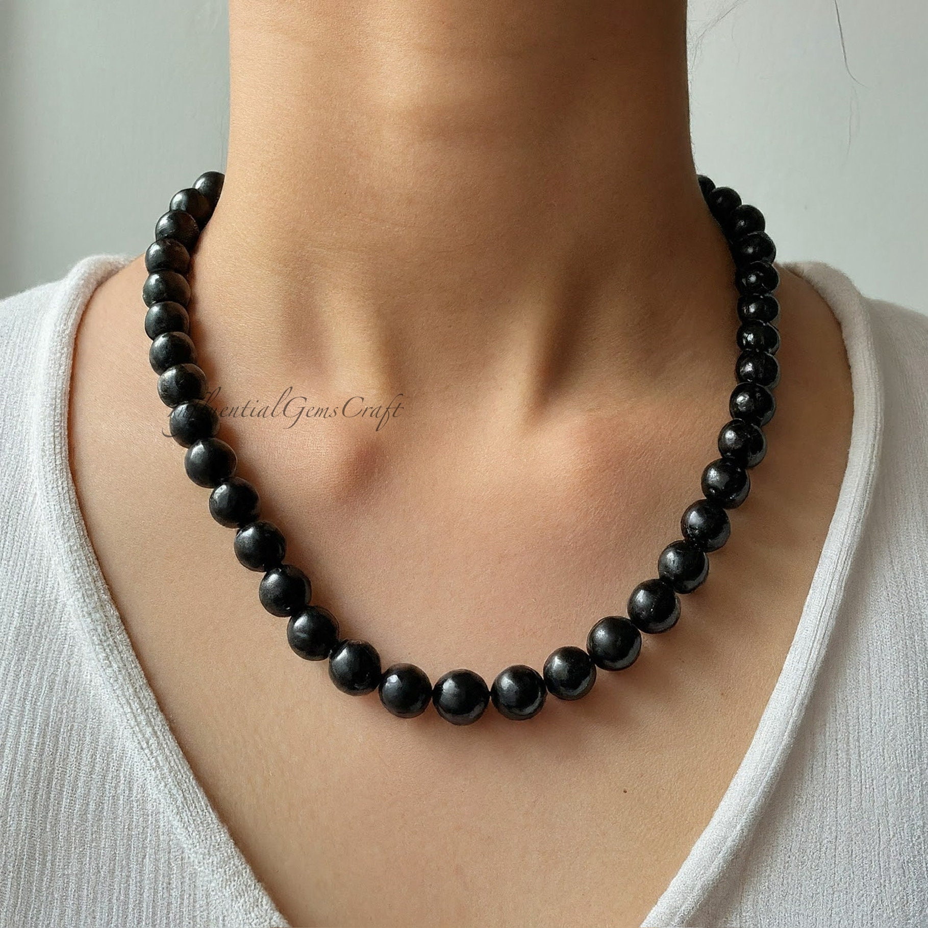 Sleek Black Onyx Beaded Necklace, 8mm Smooth Round, Sterling Silver ...