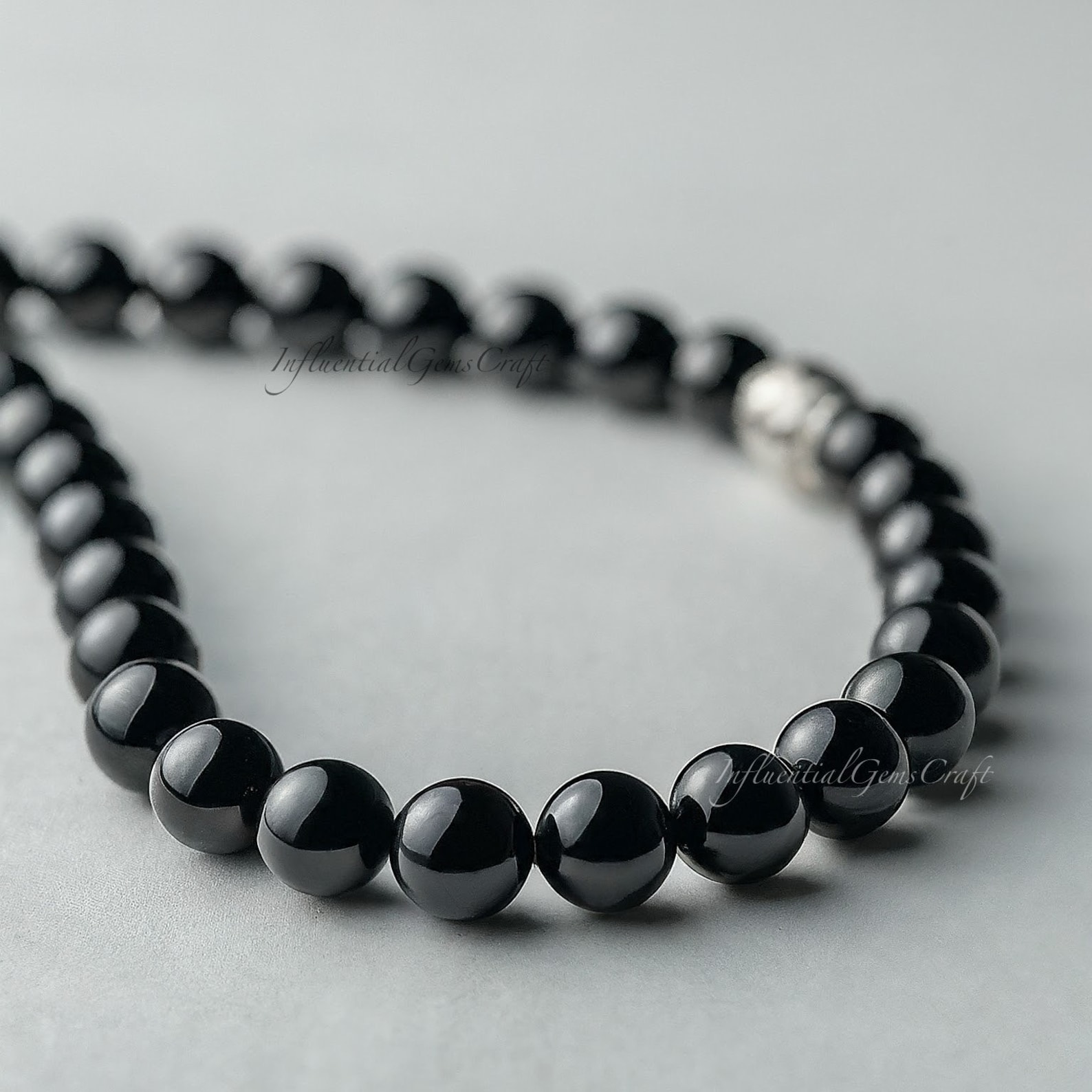 Sleek Black Onyx Beaded Necklace, 8mm Smooth Round, Sterling Silver ...