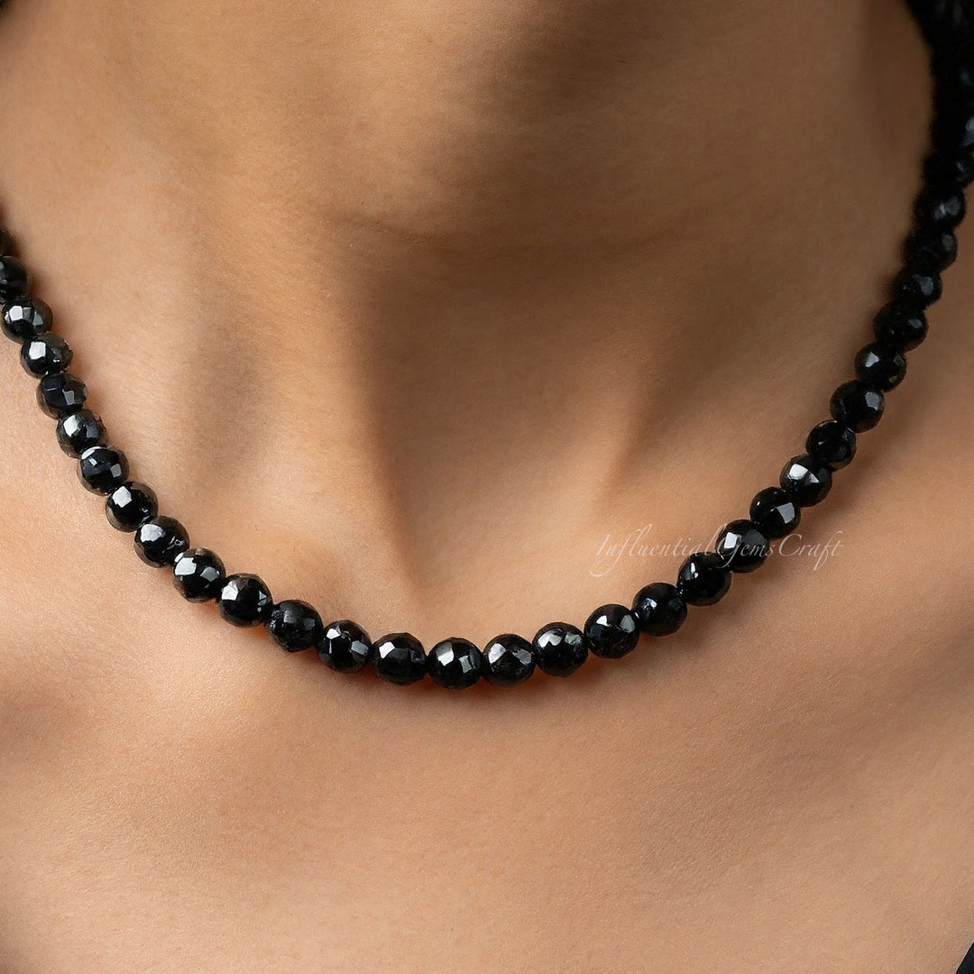 Black Spinel Beaded Necklace, 4mm & 6mm Faceted Black Spinel Round Bead ...