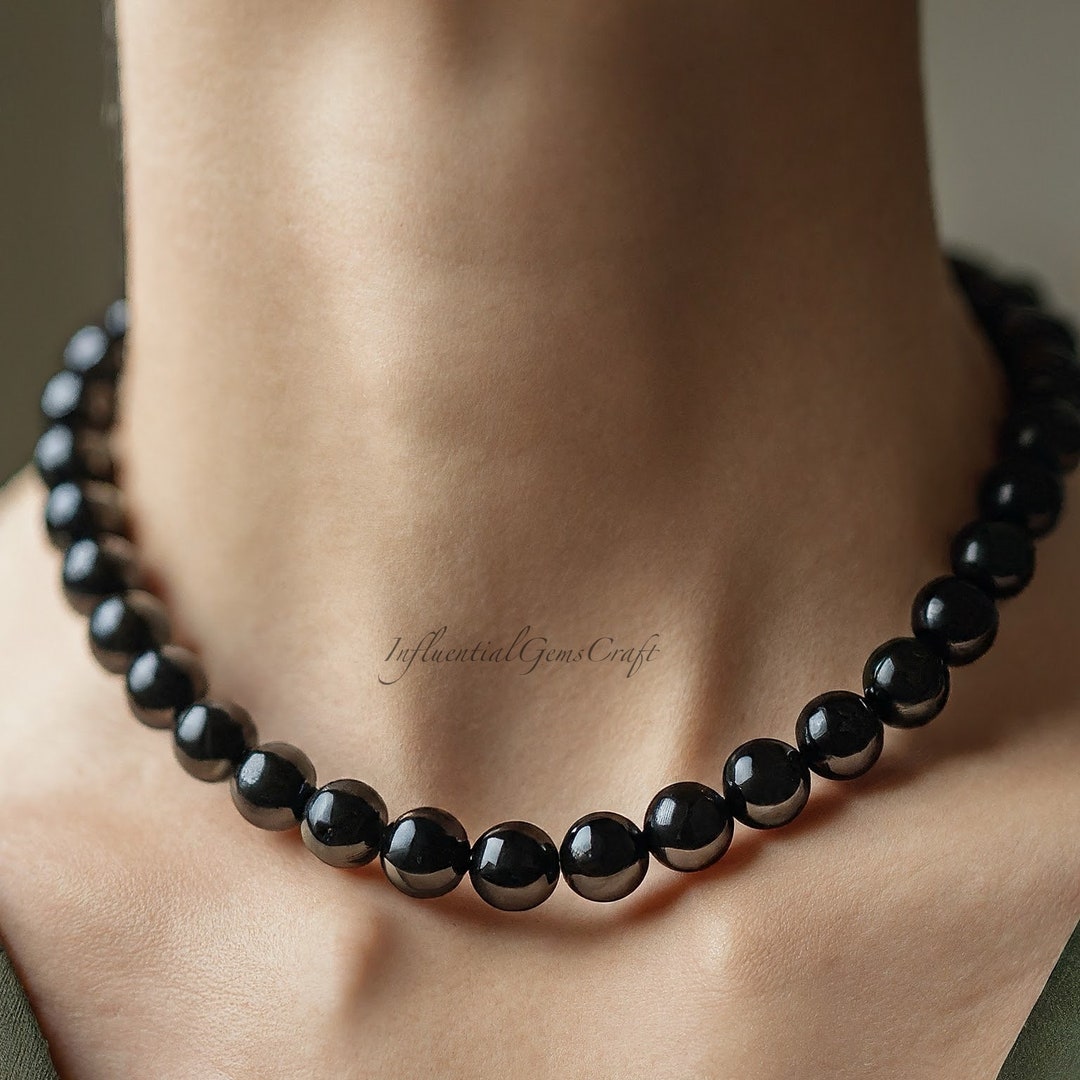 Sleek Black Onyx Beaded Necklace, 8mm Smooth Round, Sterling Silver ...
