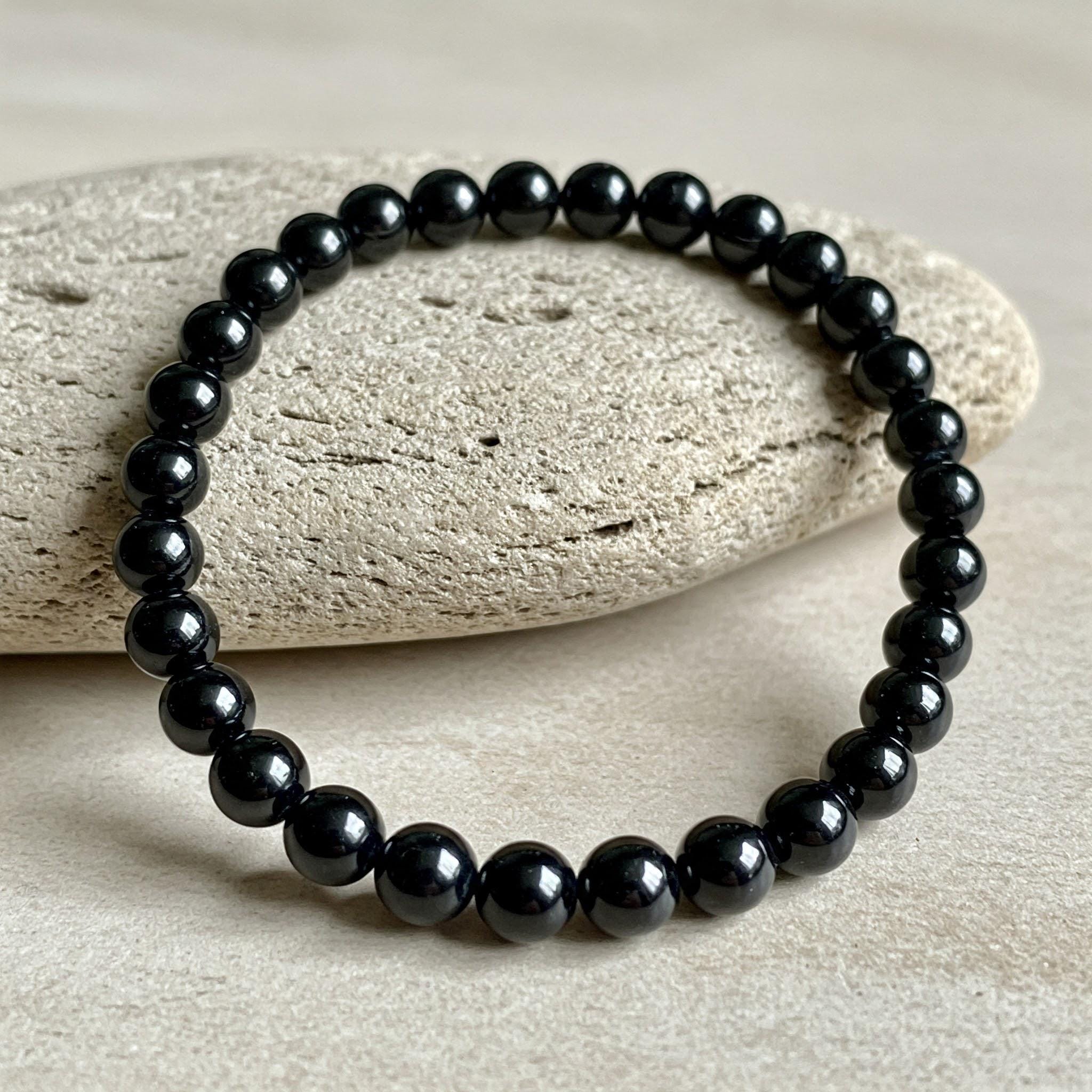 Natural Black Onyx Stretch Bracelet - 4mm or 6mm, Smooth Stone Round ...