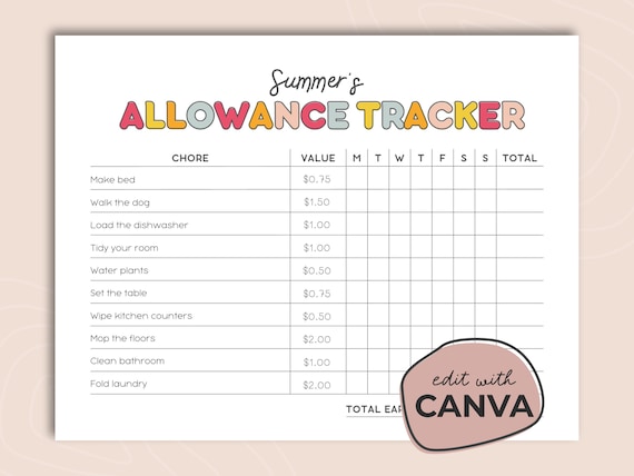 Money Allowance Chart Printable Kids Commission/allowance Chart Etsy