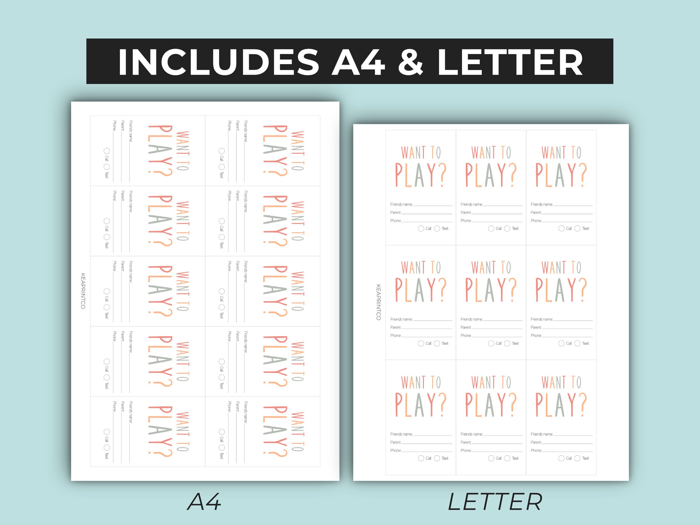 Playdate Cards, Kids Calling Cards, Keep in Touch Cards, Printable ...