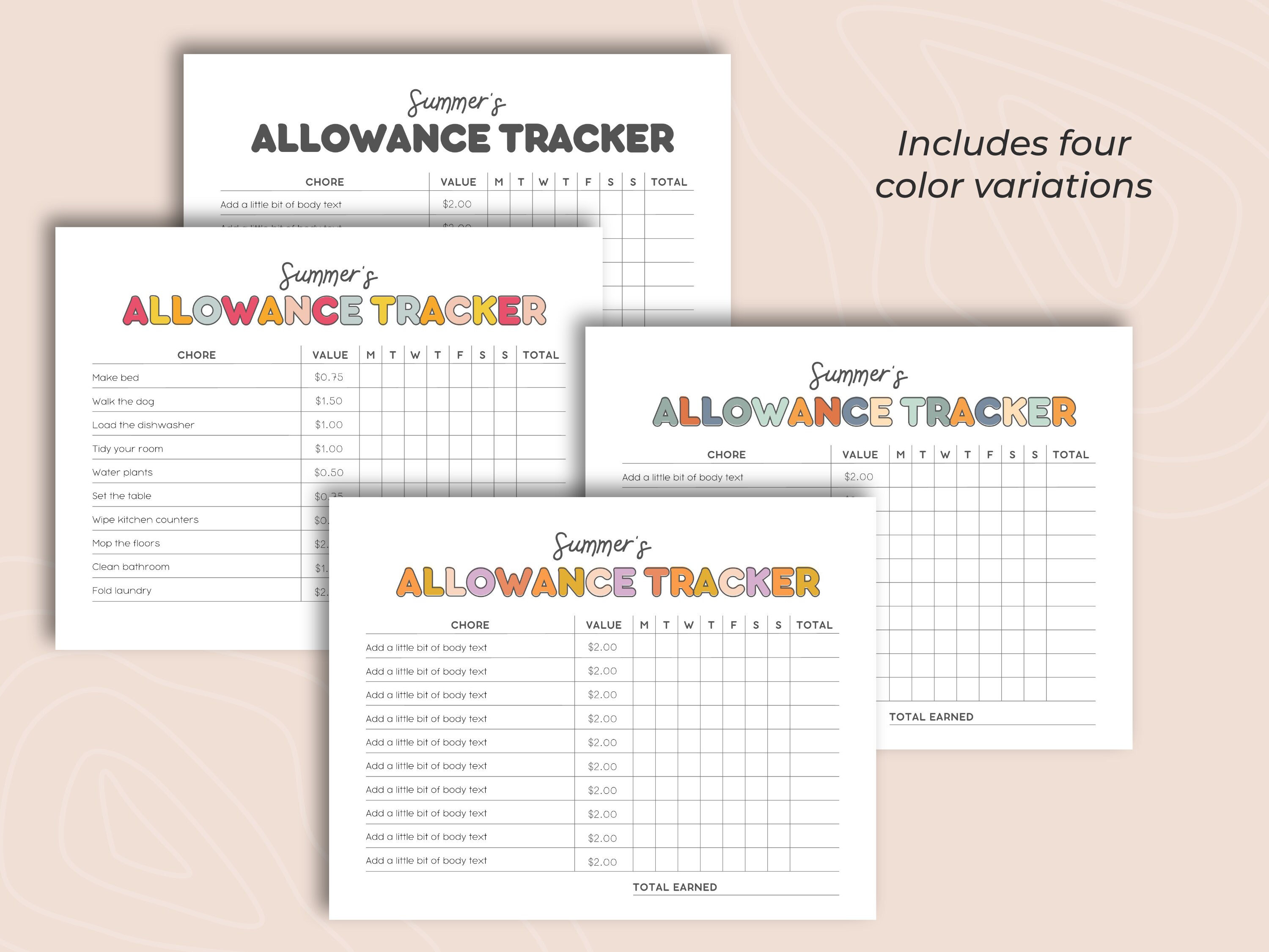 Editable Allowance Tracker Kids, Earn Money Chart, Daily Weekly ...