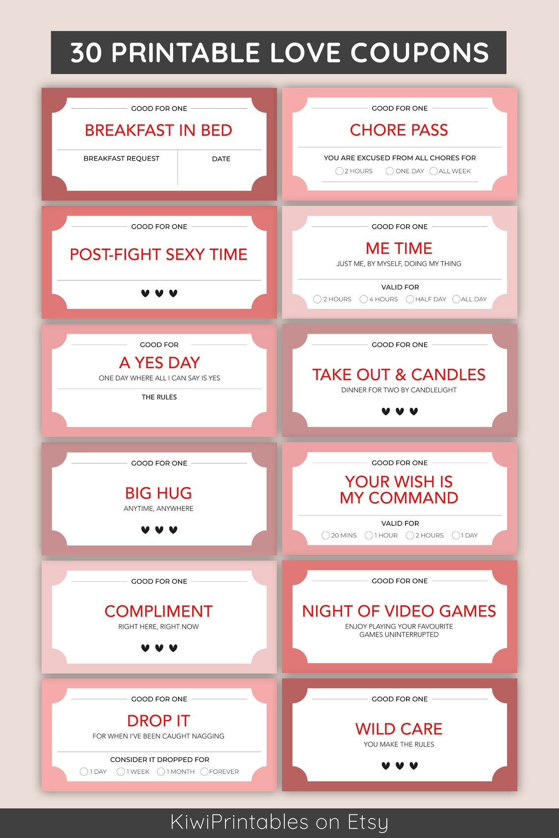 30 Fun Love Coupon Book, Valentines Day Coupons, Love Coupons, Gift for ...