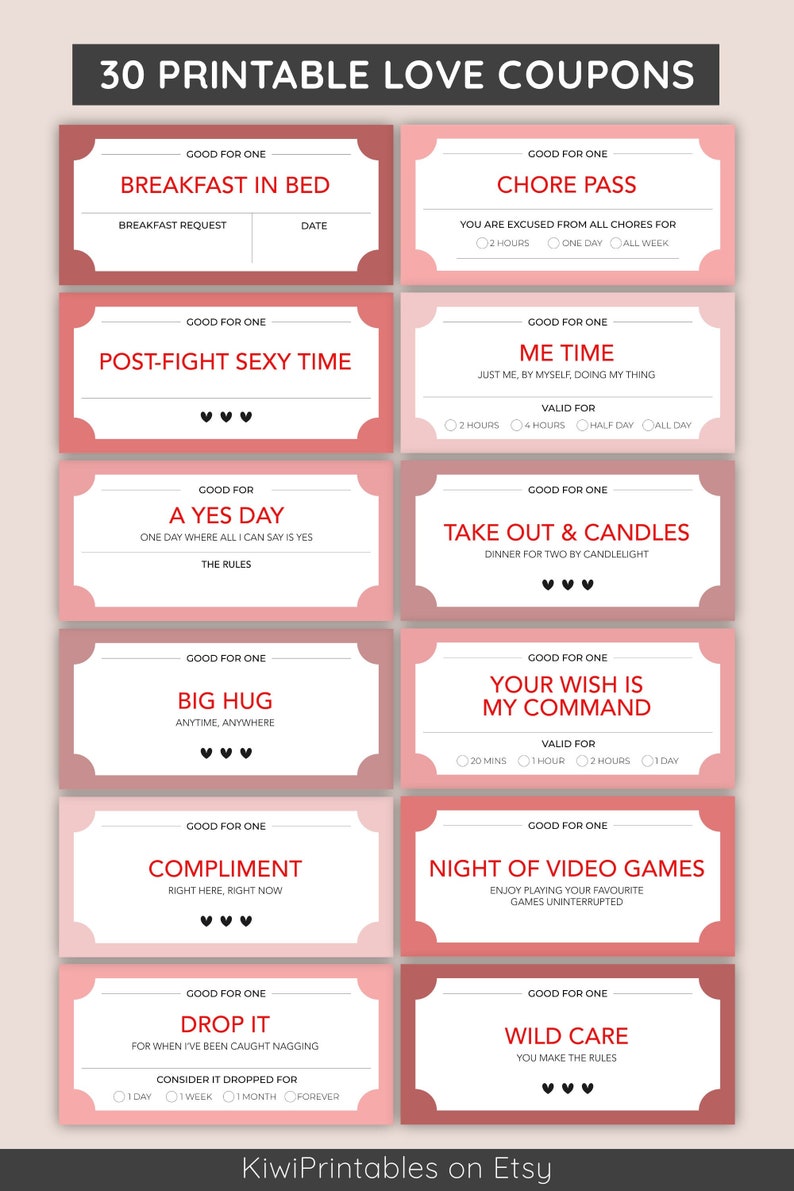 30 Fun Love Coupon Book, Valentines Day Coupons, Love Coupons, Gift for ...