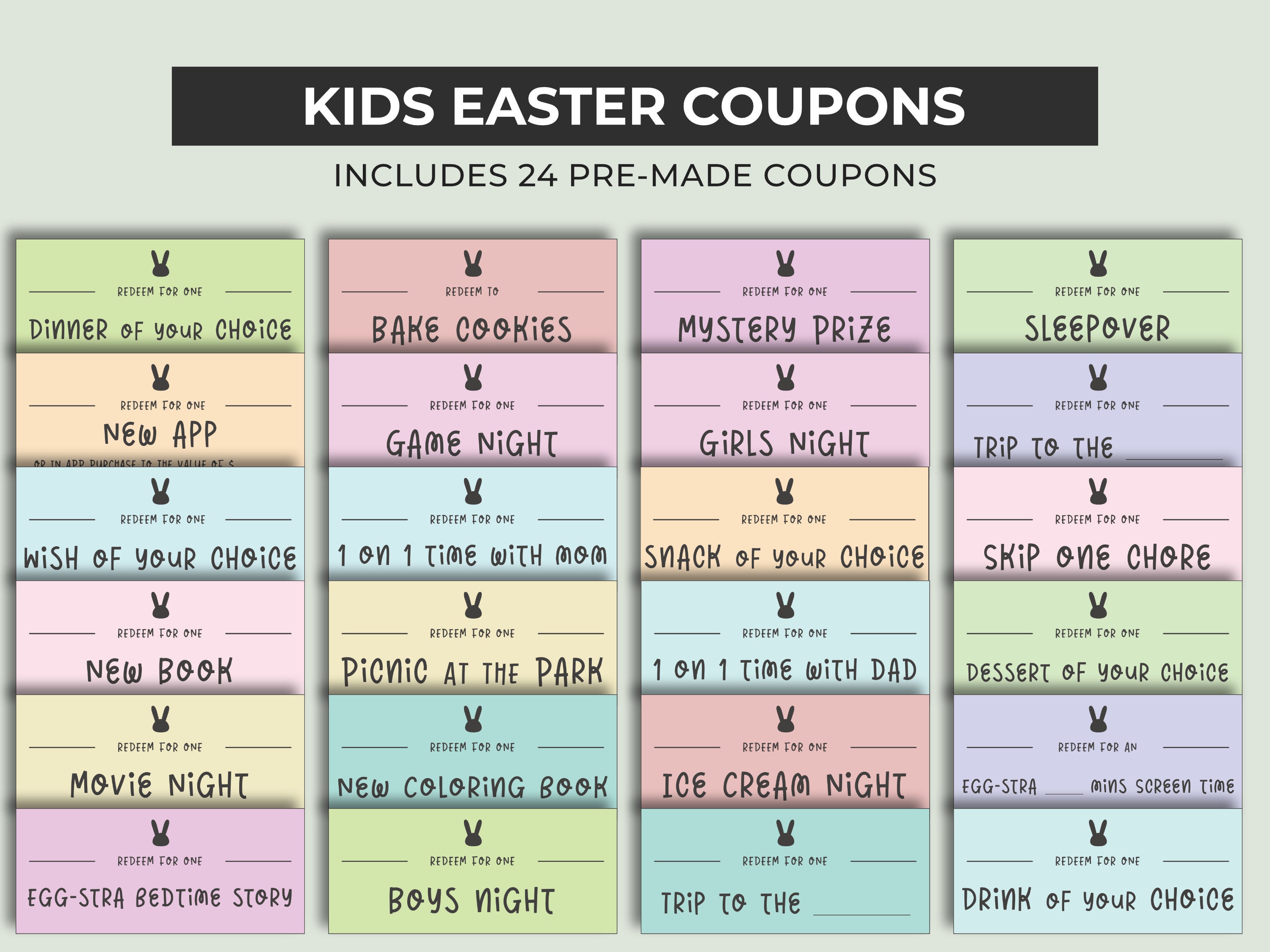 Kids Easter Coupons,easter Egg Filler, Bunny Gift Idea, Printable ...