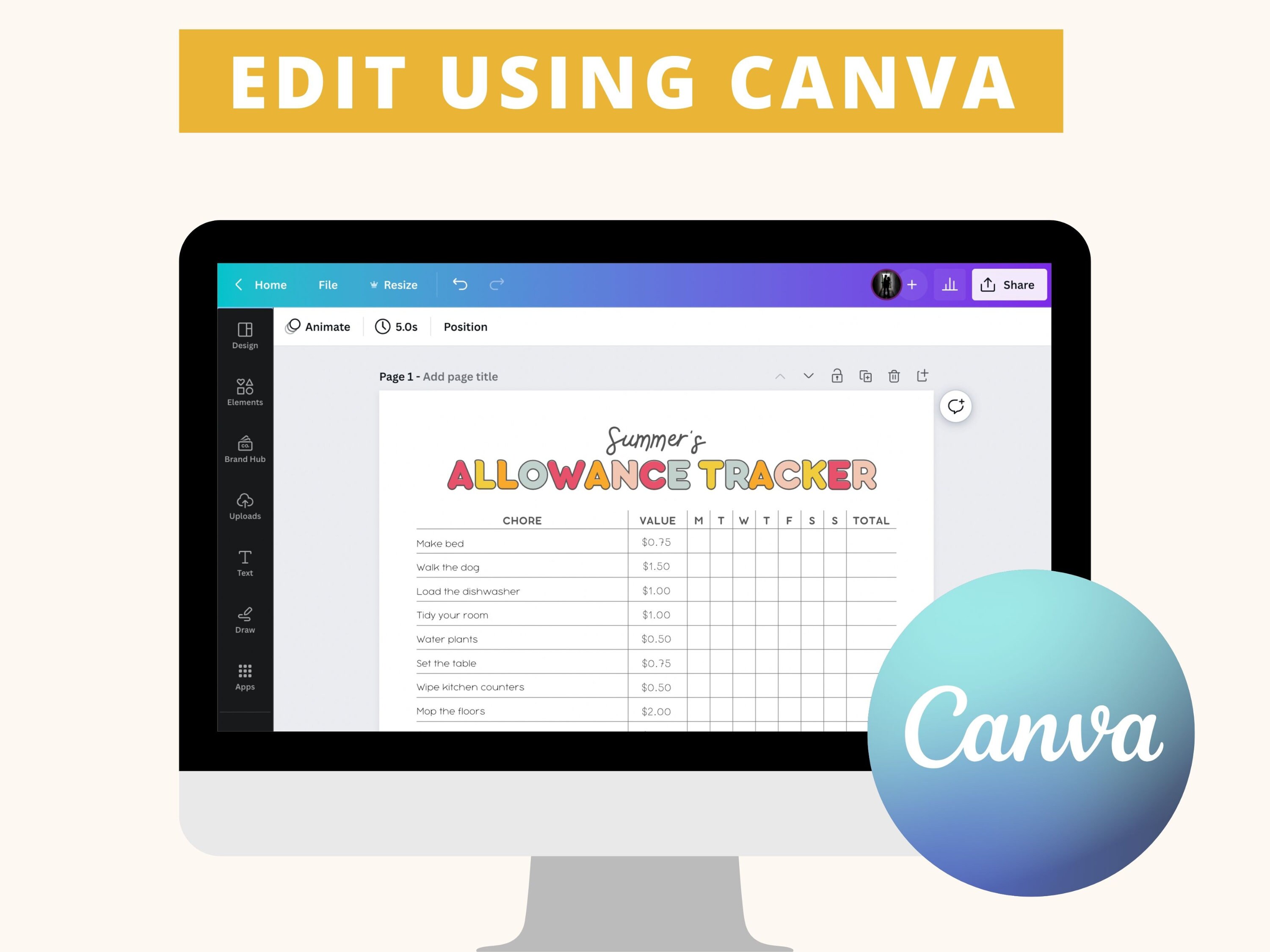 Editable Allowance Tracker Kids, Earn Money Chart, Daily Weekly ...