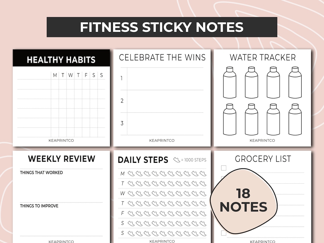 Fitness and Health Sticky Notes, Fitness Tracker Printable Sticky Notes ...