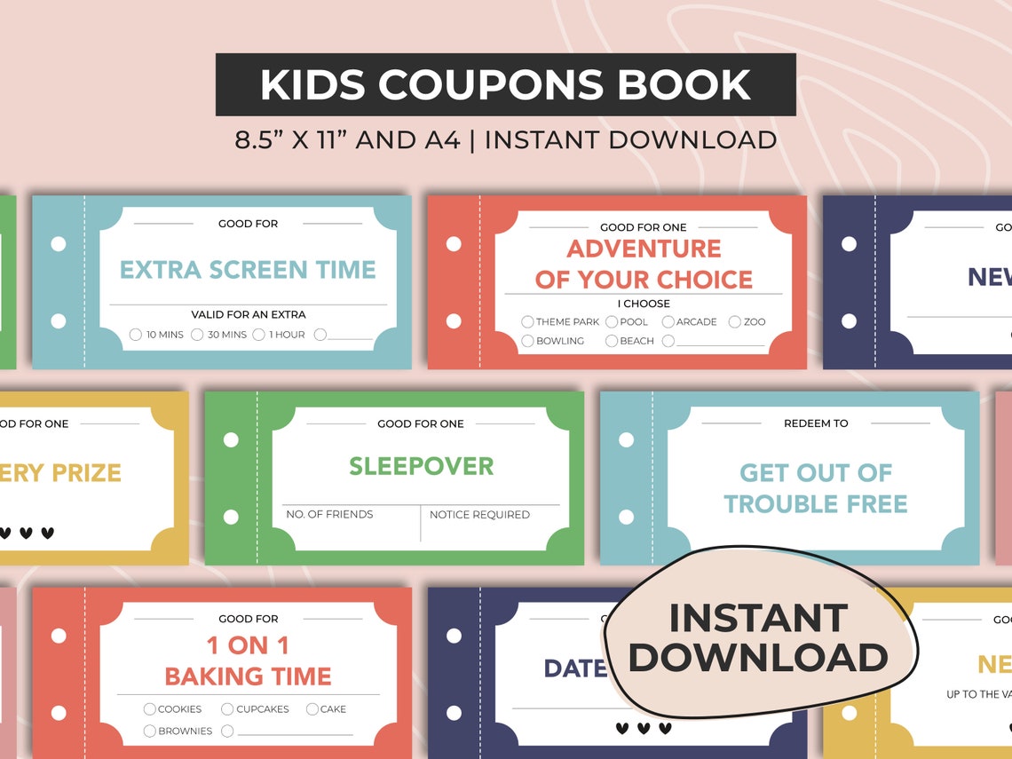 26 Fun Kids Coupon Book, Birthday Coupons, Printable Reward Coupons ...