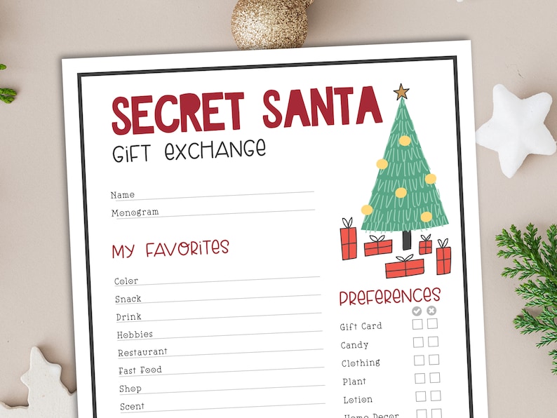 Secret Santa Questionnaire, Christmas Gift List, Holiday Wishlist ...