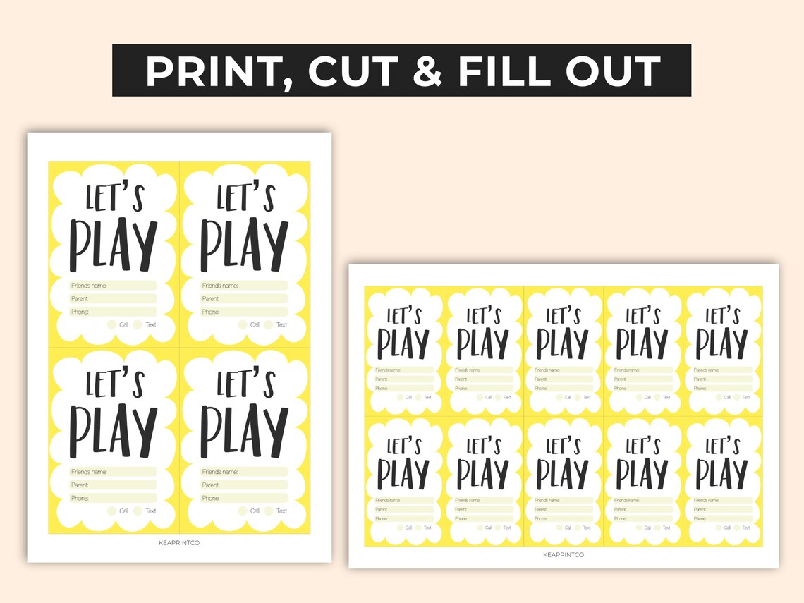 Playdate Cards, Kids Calling Cards, Keep in Touch Cards, Printable ...