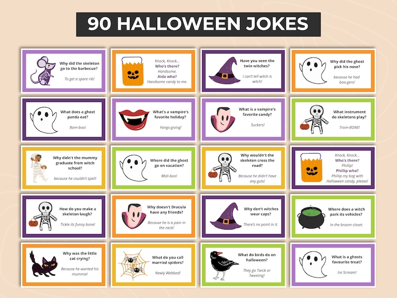90 Halloween Jokes, Lunchbox Notes, Printable Jokes for Kids, Funny ...