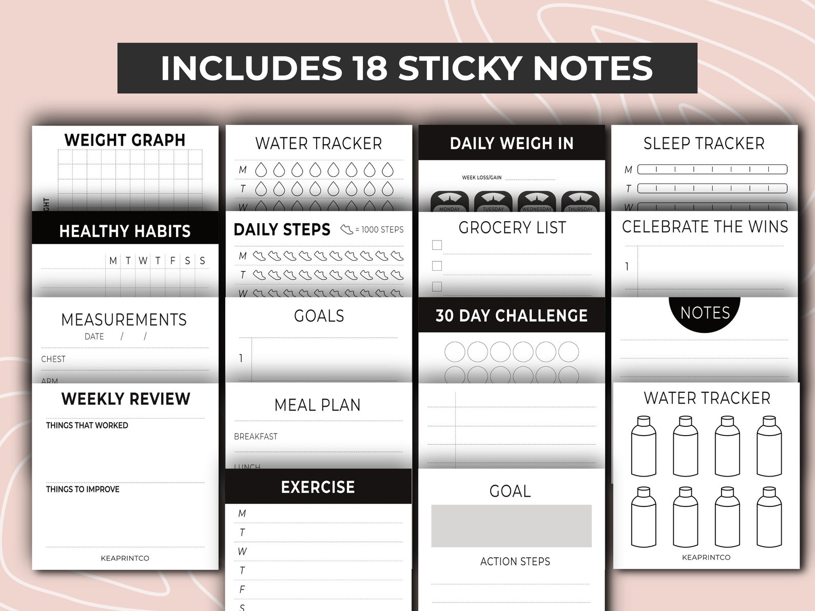 Fitness and Health Sticky Notes, Fitness Tracker Printable Sticky Notes ...