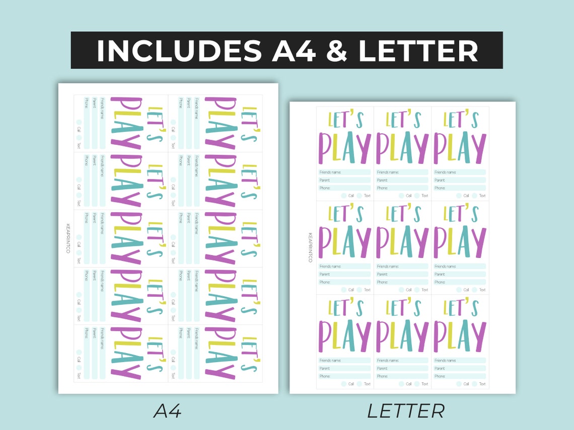 Playdate Cards, Kids Calling Cards, Keep in Touch Cards, Printable ...
