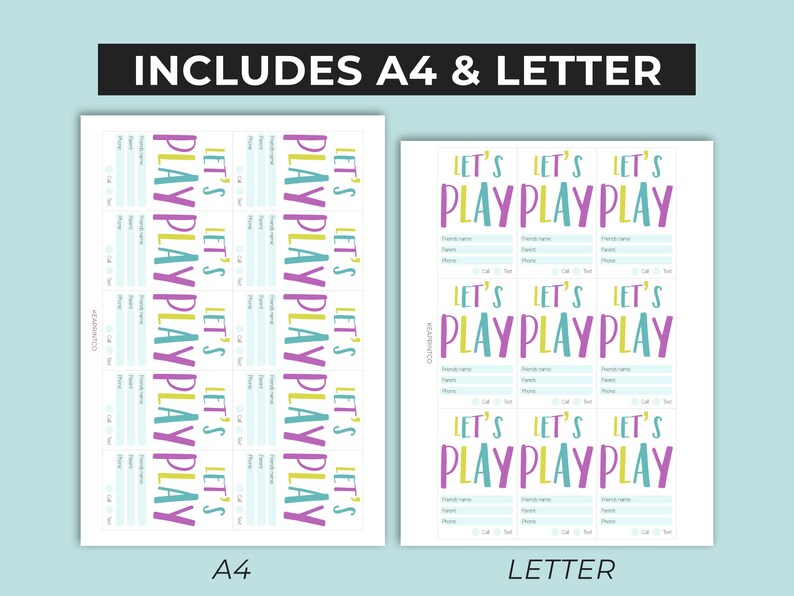Playdate Cards, Kids Calling Cards, Keep in Touch Cards, Printable ...