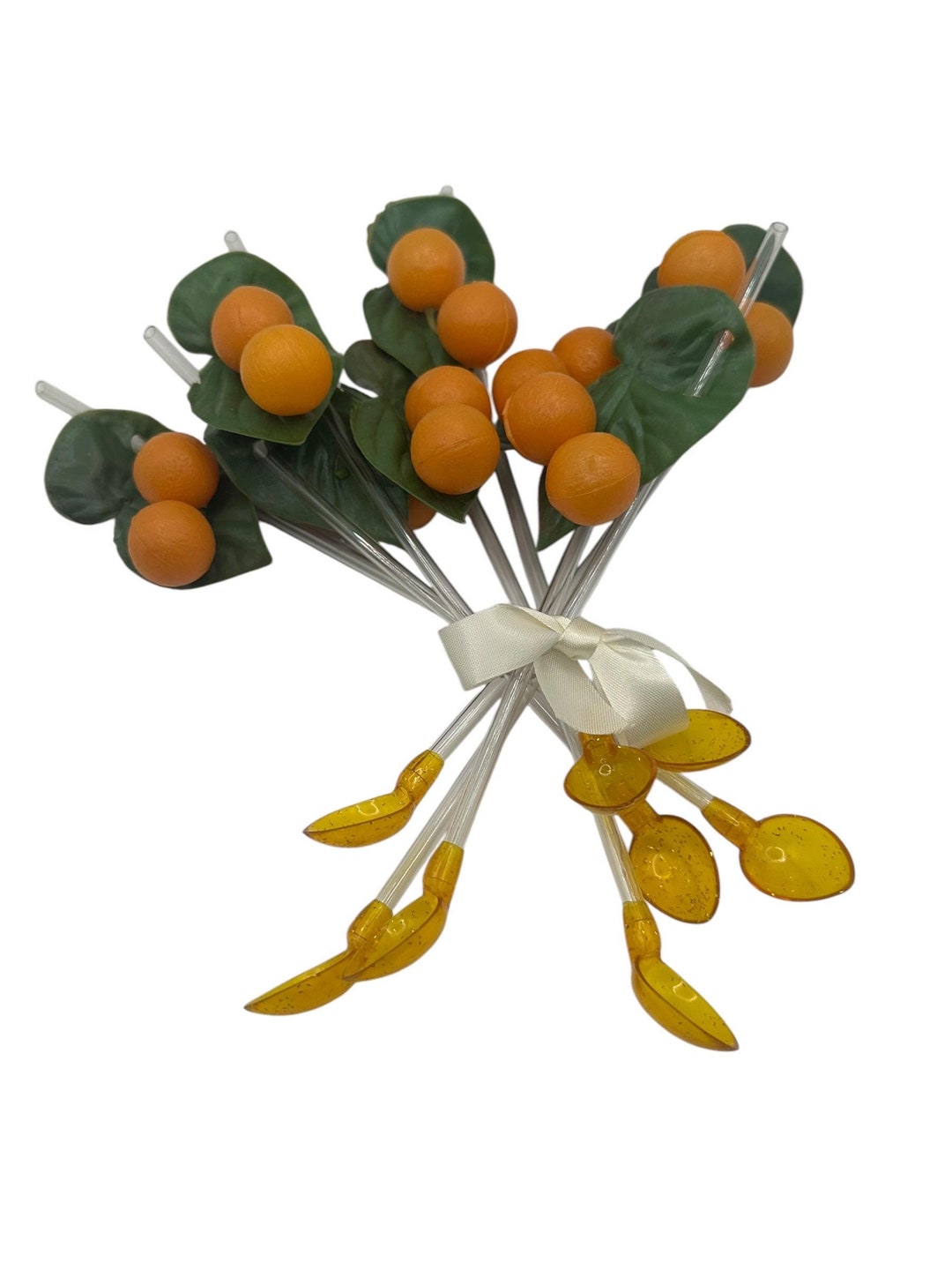 Lemonade Straw Spoons, Float, Cocktail Stirrer Yellow W/ Lemon Foliage ...