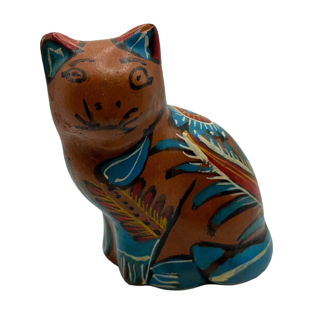 Mexican Red Clay Folk Art Cat Figurine. Beautifully Hand Painted - Made ...